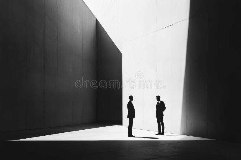 Two Businessmen Engage in Conversation within a Modern, Shadowy ...