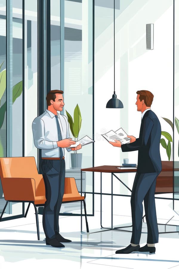 Two Businessmen Exchanging Documents in Modern Office Stock ...