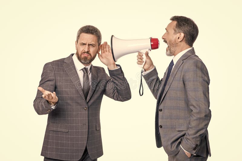 Two Businessmen Hear Shouting in Loudspeaker. Businessmen Shouting in ...