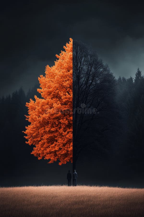 Two Businessmen Observing Half Alive and Half Dead Tree in Surreal ...