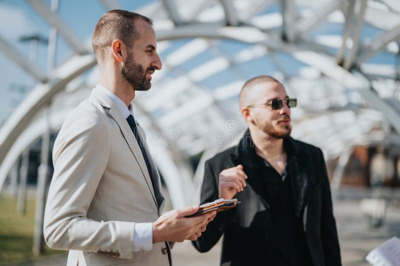 Two Businessmen in Professional Attire Having a Discussion Outdoors ...