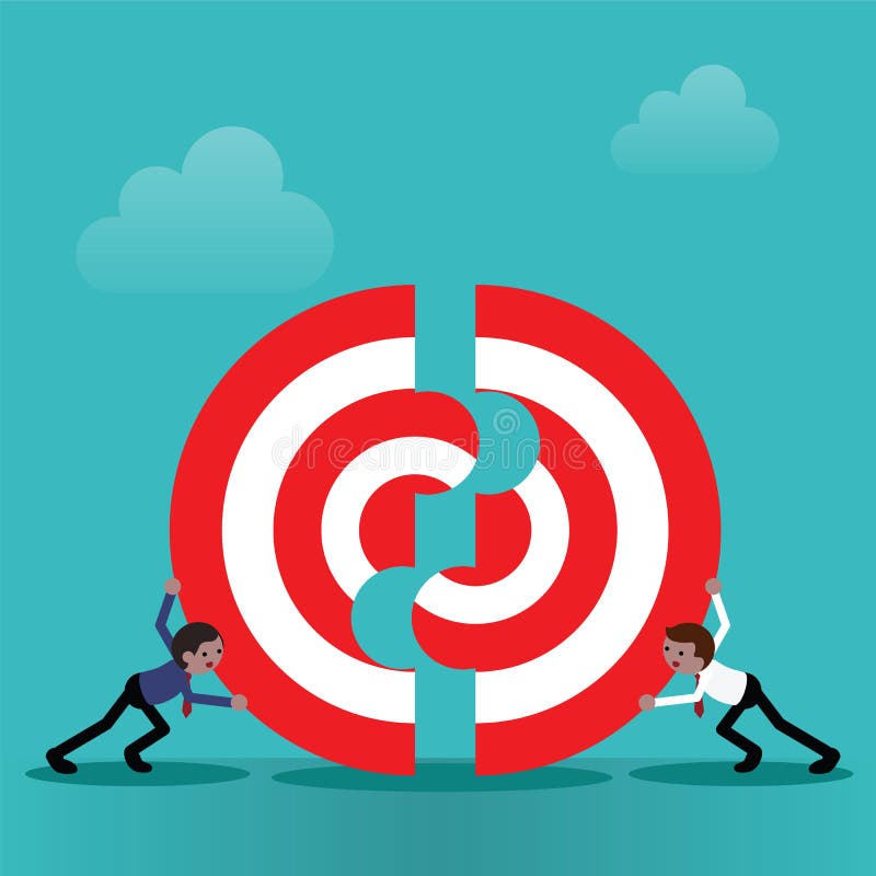 Two Businessmen Pushing a Pieces of Big Target Together Stock Vector ...