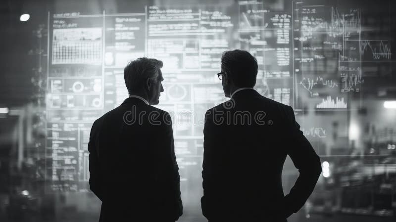 Two Businessmen Reviewing Data Visualizations on Large Screen Ai ...