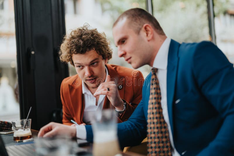 Two Businessmen in Discussion at a Modern Coffee Bar with Laptops and ...