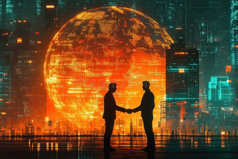 Two Businessmen Shake Hands in Front of a World Map Stock Photo - Image ...