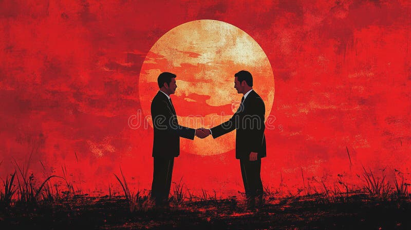 Two Businessmen Shaking Hands Against a Striking Red Sunset Background ...