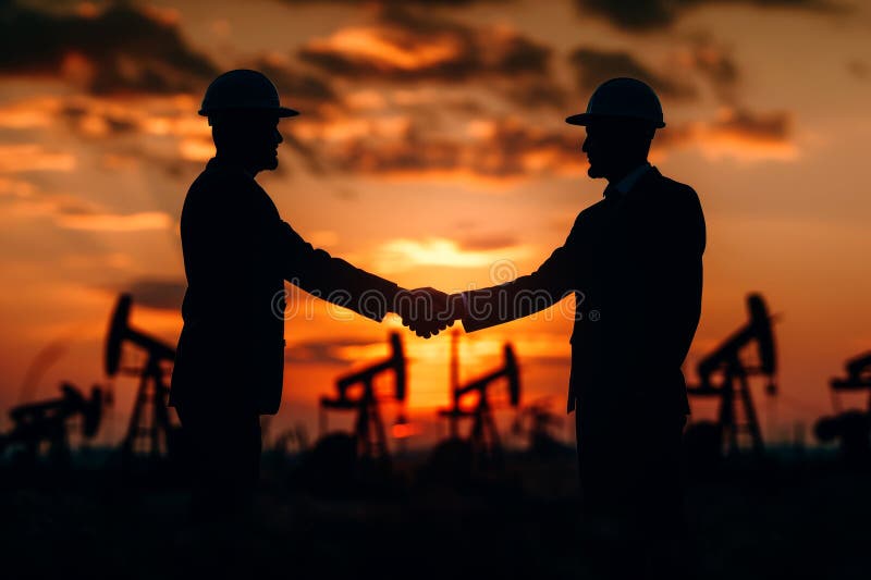 Two Businessmen Shaking Hands in Front of an Oil Pump. Stock Photo ...