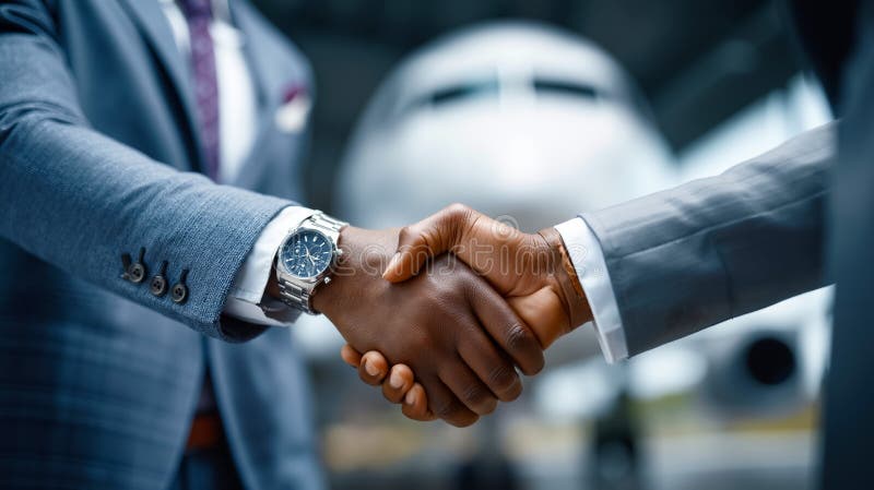 Two Businessmen Shaking Hands in Front of a Plane Stock Photo - Image ...