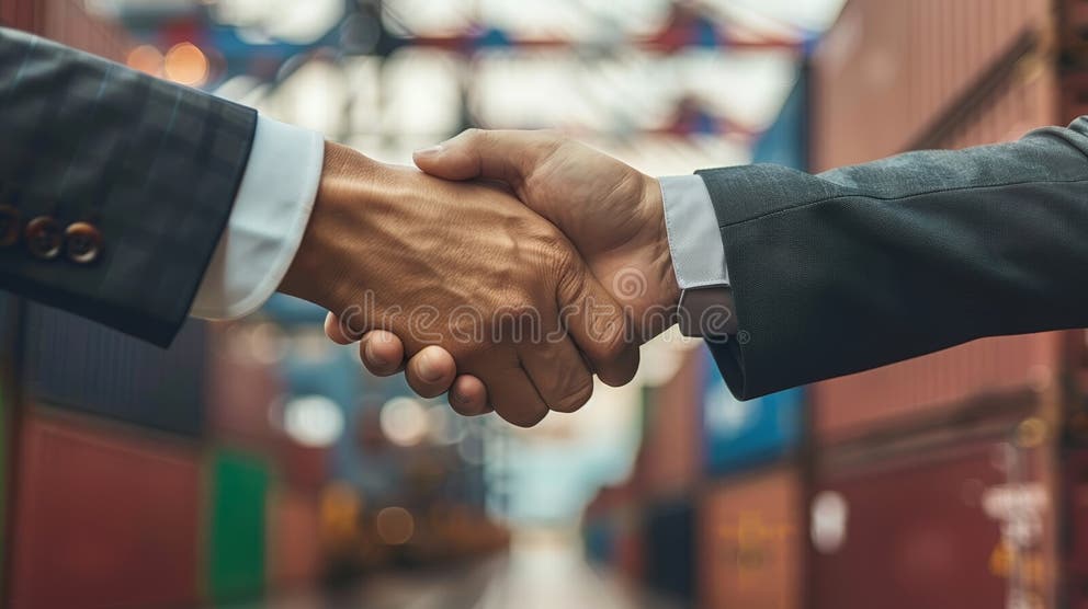 Two Businessmen Shaking Hands in Front of a Shipping Container ...