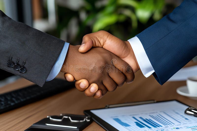 Two Businessmen Shaking Hands at Office Desk with Charts and Graphs ...