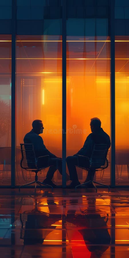 Two Businessmen in Suits Sit in Chairs in a Modern Office and Talk. the ...