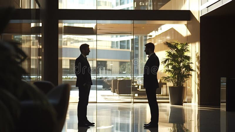 Two Businessmen Talking in Modern Office Building Lobby Stock Image ...