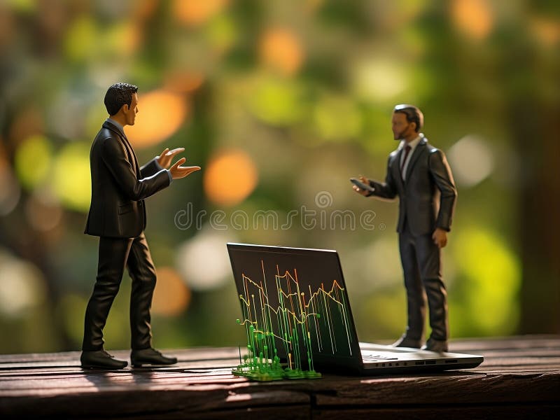 Two Businessmen Talking in an Office Against a Backdrop of Graphs ...