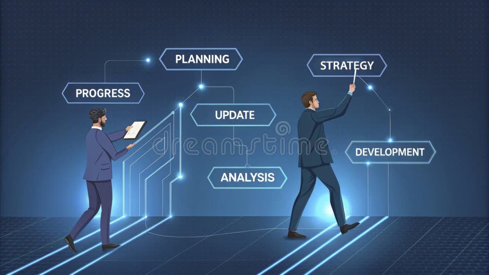 Two Businessmen Walking on Glowing Lines and Pursuing Strategy ...