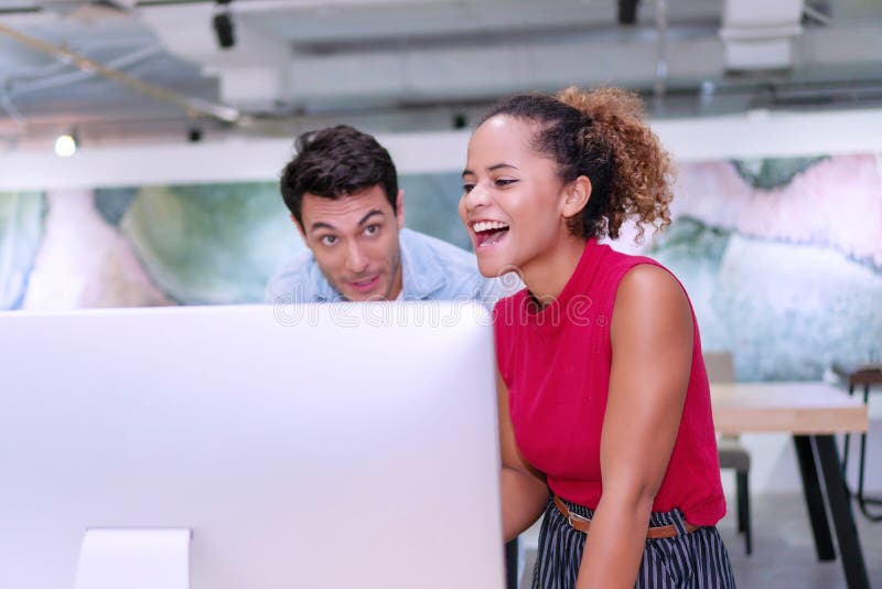 Two Businesspeople Colleagues Talking Planning Project in the Workplace ...