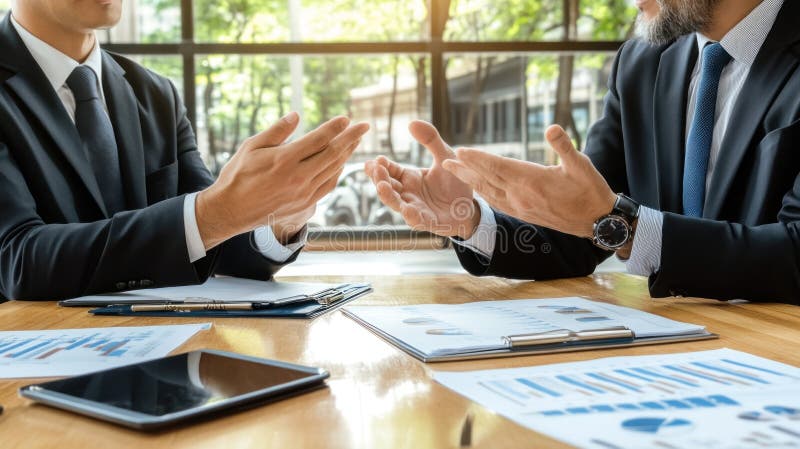 Two Businesspeople Engaged in Discussion at a Meeting Stock ...