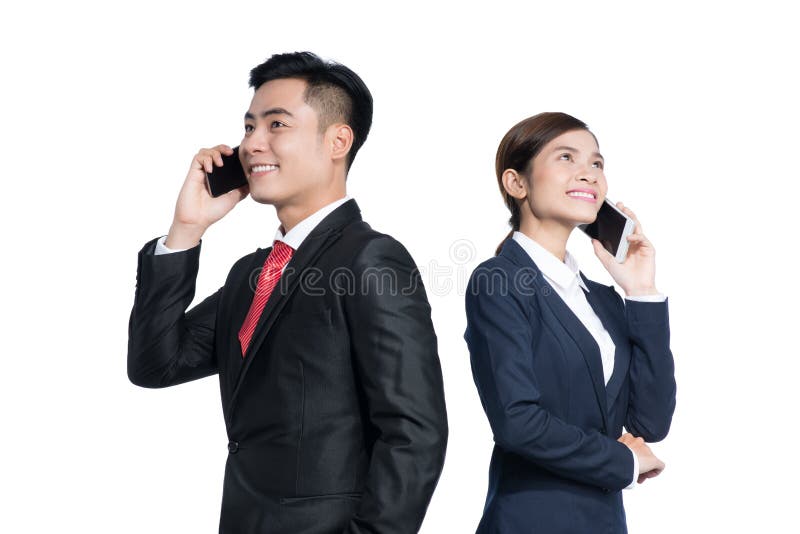 Two Businesspeople Standing Using Smart Mobile Phone Stock Image ...