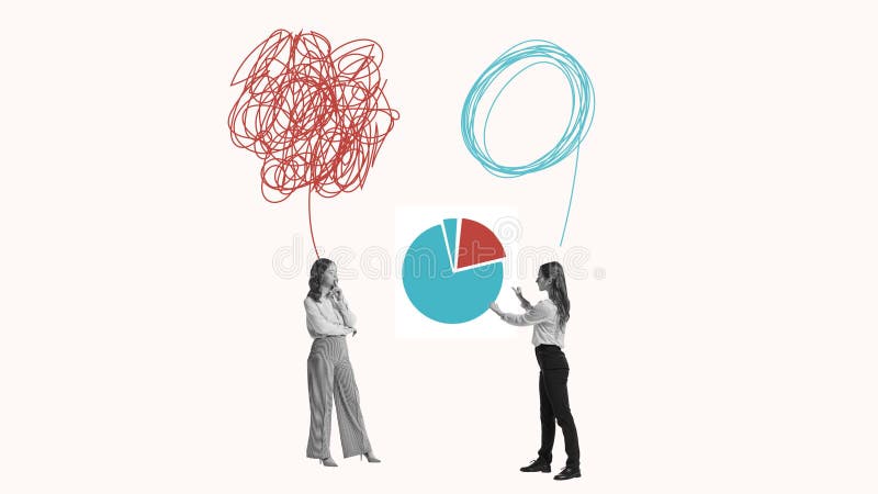 Two Businesswomen Discussing Pie Chart, with Tangled and Clear Thread ...