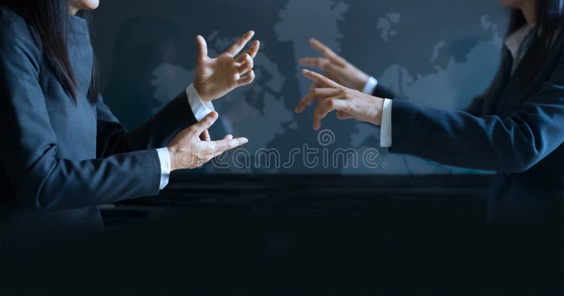 Two Businesswomen Having Talking Informal Meeting on Virtual Screen ...