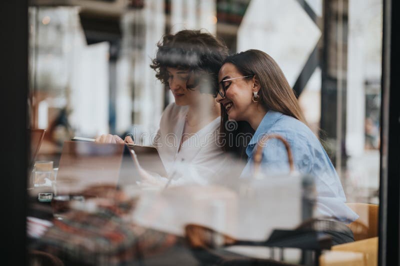Two Businesswomen Collaborating on a Project in a Modern Cafe Setting ...
