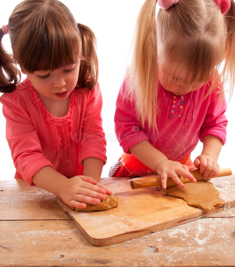 Two Busy Little Girls Kneading and Rolling Stock Image - Image of flour ...