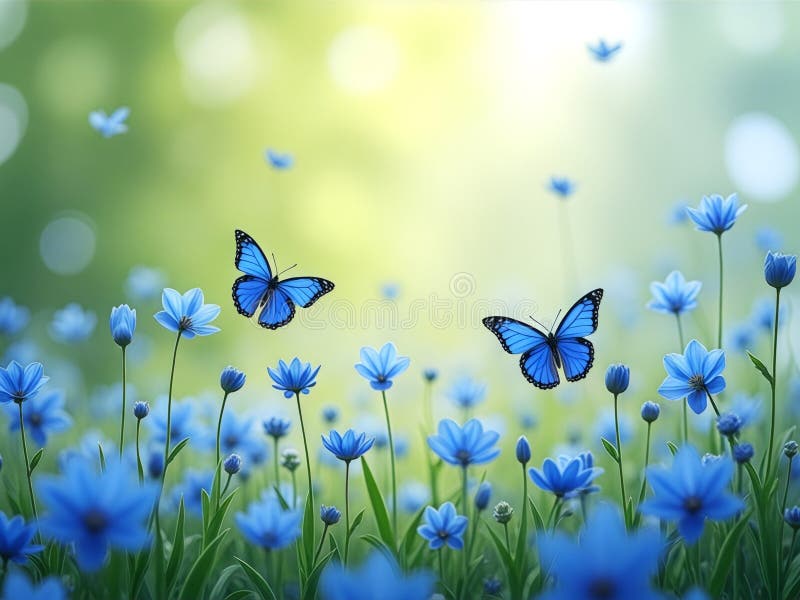 Two Butterflies Flying in a Field of Blue Flowers Stock Illustration ...