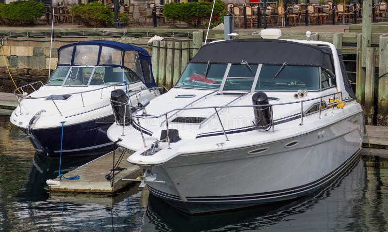 Two Cabin Cruisers Docked by Restaurant Stock Photo - Image of sport ...