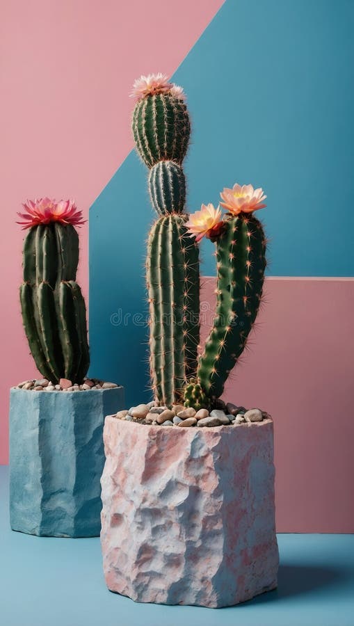 Two Cacti on Small Rock Pedestals with Pink Flowers, Displayed Against ...