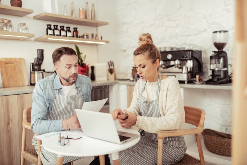 Two Cafe Owners Discussing the State of Things. Stock Image - Image of ...