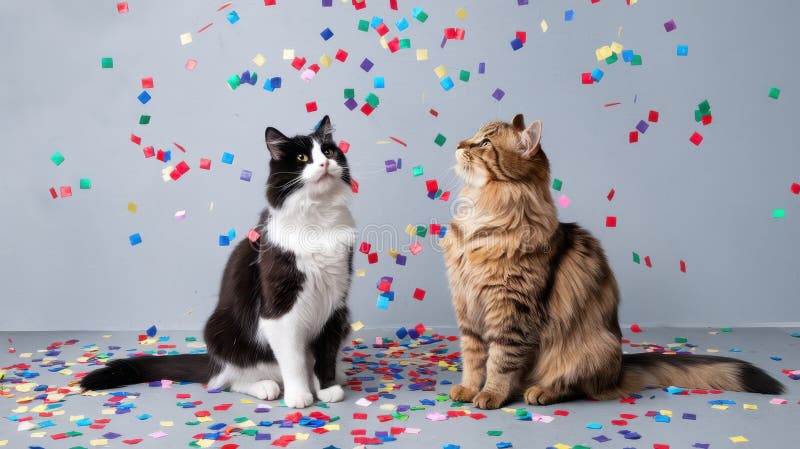 Two Calico Cats Sitting on Colorful Confetti, Looking Calm and Content ...