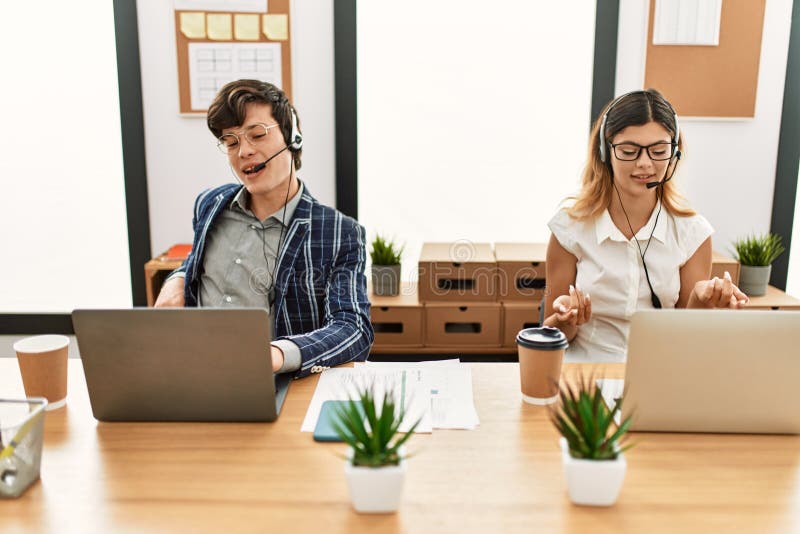 Two Call Center Agent Smiling Happy Having Video Call Using Laptop at ...