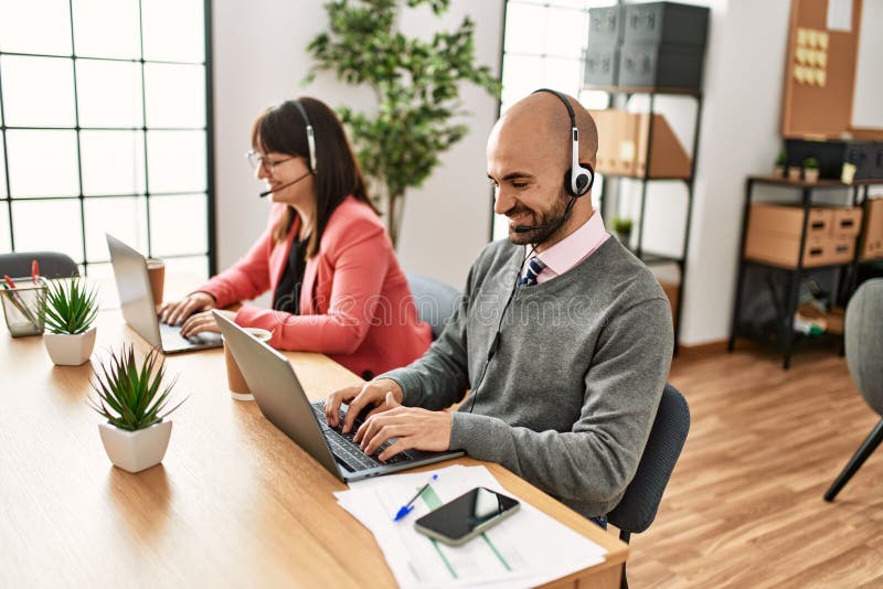 Two Call Center Agent Smiling Happy Working at the Office Stock Photo ...