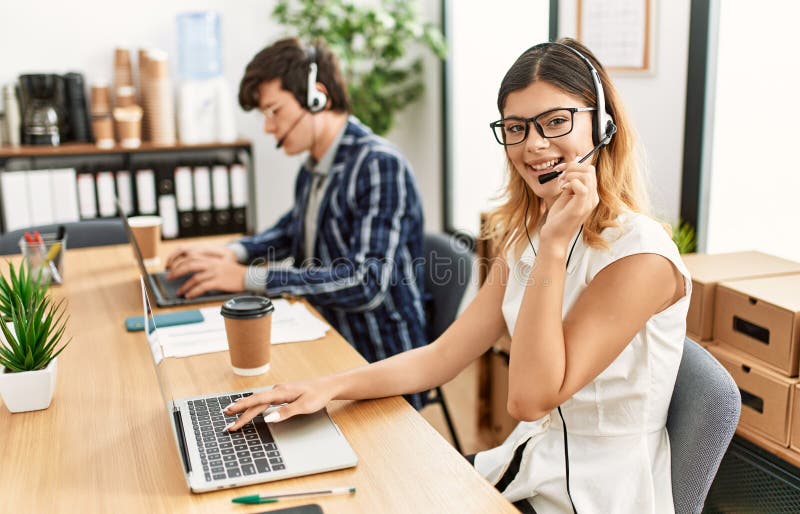 Two Call Center Agents Smiling Happy Working at the Office Stock Image ...