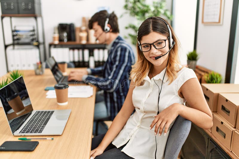 Two Call Center Agents Smiling Happy Working at the Office Stock Photo ...