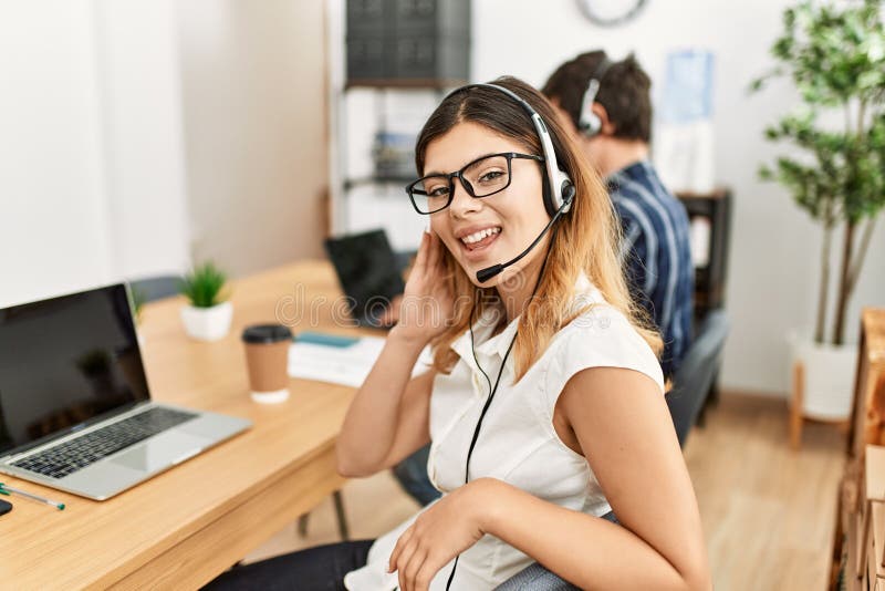 Two Call Center Agents Smiling Happy Working at the Office Stock Image ...