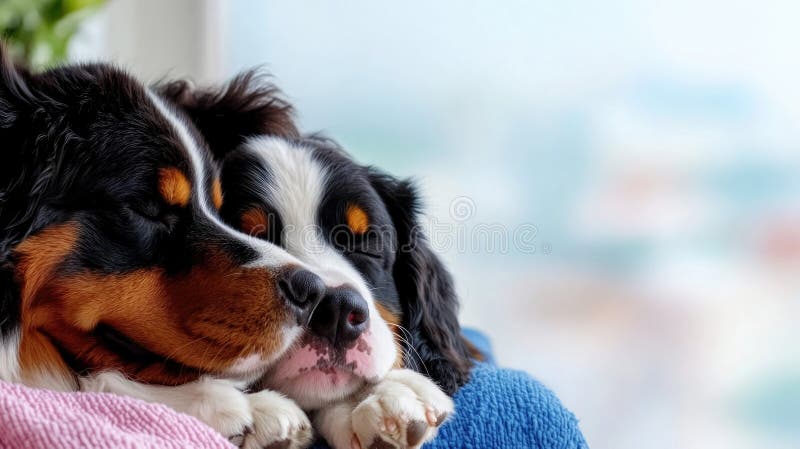 Two Calming Bernese Mountain Dogs Resting Peacefully Together Stock ...
