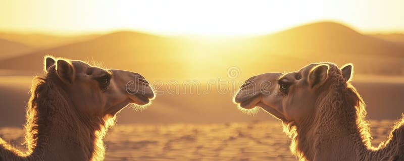 Two Camels in Desert at Golden Sunset with Copy Space in Background ...