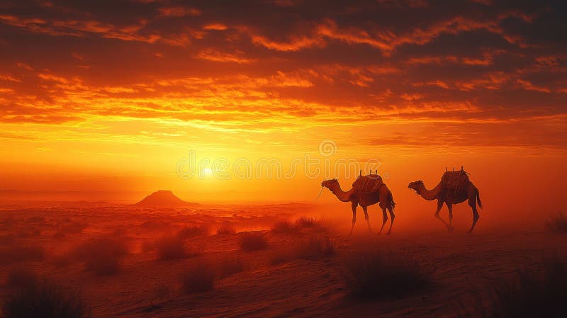 Two Camels Walking in the Desert at Sunset Stock Image - Image of india ...