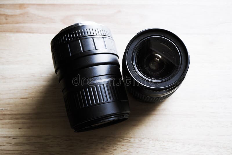 Two Camera Lens on Table Top Stock Image - Image of equipment, focus ...