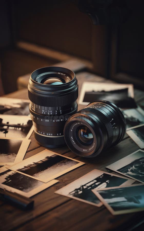 Two Camera Lenses are Placed on a Wooden Surface, Surrounded by a ...