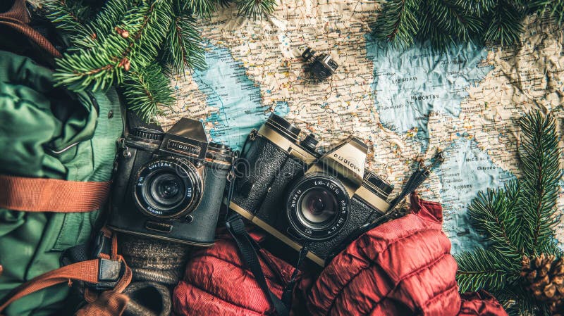 Two Cameras are on a Map with a Red Jacket and a Green Jacket Stock ...