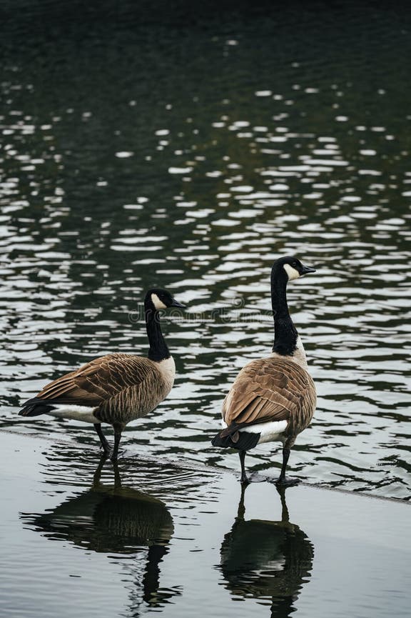 Two Canada Geese Standing on the Edge of the Water Stock Photo - Image ...