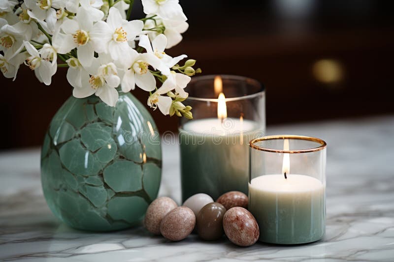 Two Candles Flowers and a Wooden Cross on a Marble Counter Create a ...