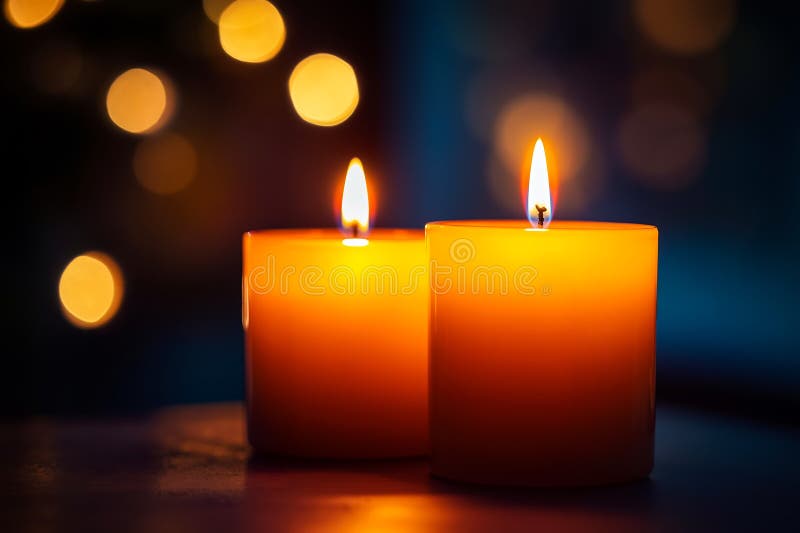 Two Candles Lit in Front of a Blurry Background Stock Image - Image of ...