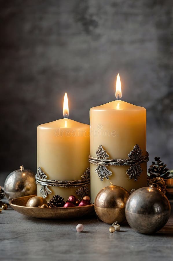 Two Candles are Lit and Placed on a Table with Other Decorations Stock ...