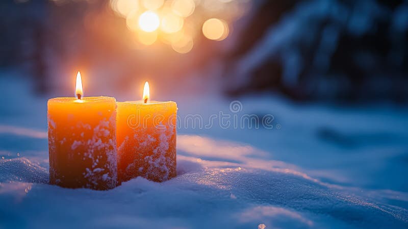 Two Candles are Lit on a Snowy Ground Stock Image - Image of tree ...