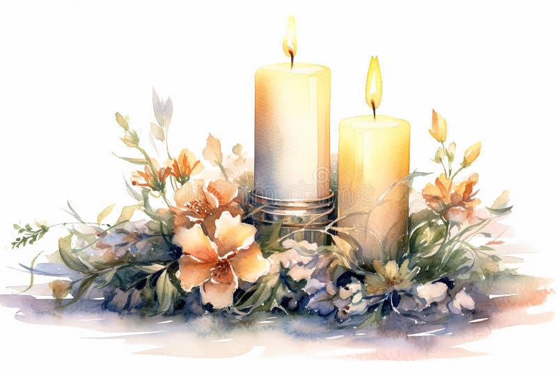 Two Candles are Lit on a Table with Flowers in between Stock Photo ...