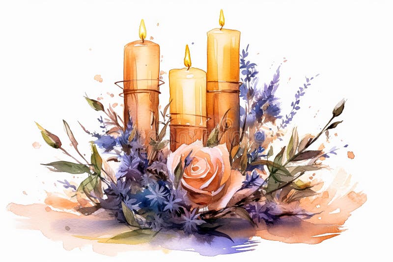 Two Candles are Lit on a Table with Flowers in between. Stock Image ...