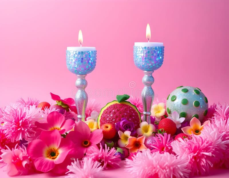 Two Candles in Sparkly Holders with Floral Decorations are Presented ...