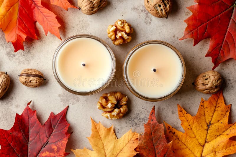 Two Candles and Walnuts on a Table Surrounded by Autumn Leaves Stock ...